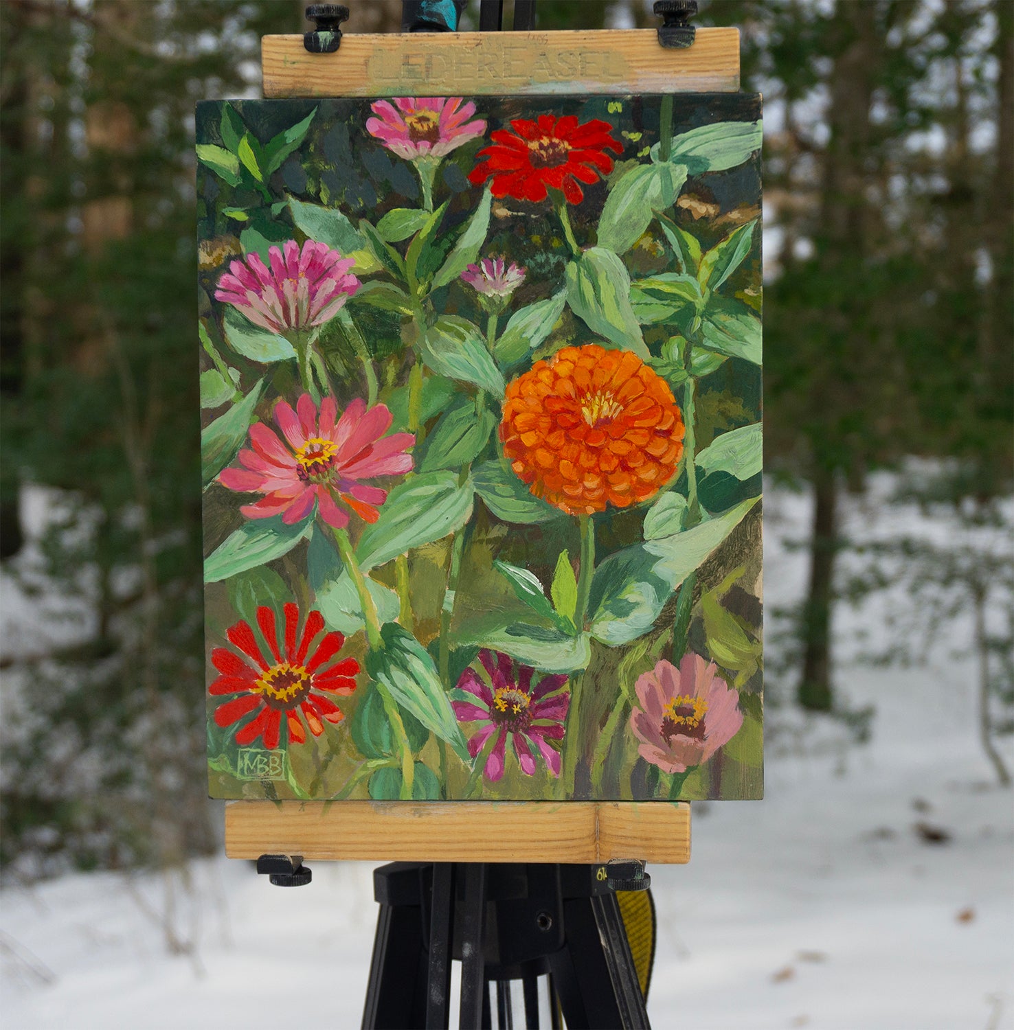 Zinnias on Dark Background by Mary Beatty-Brooks - mixed media artwork ...