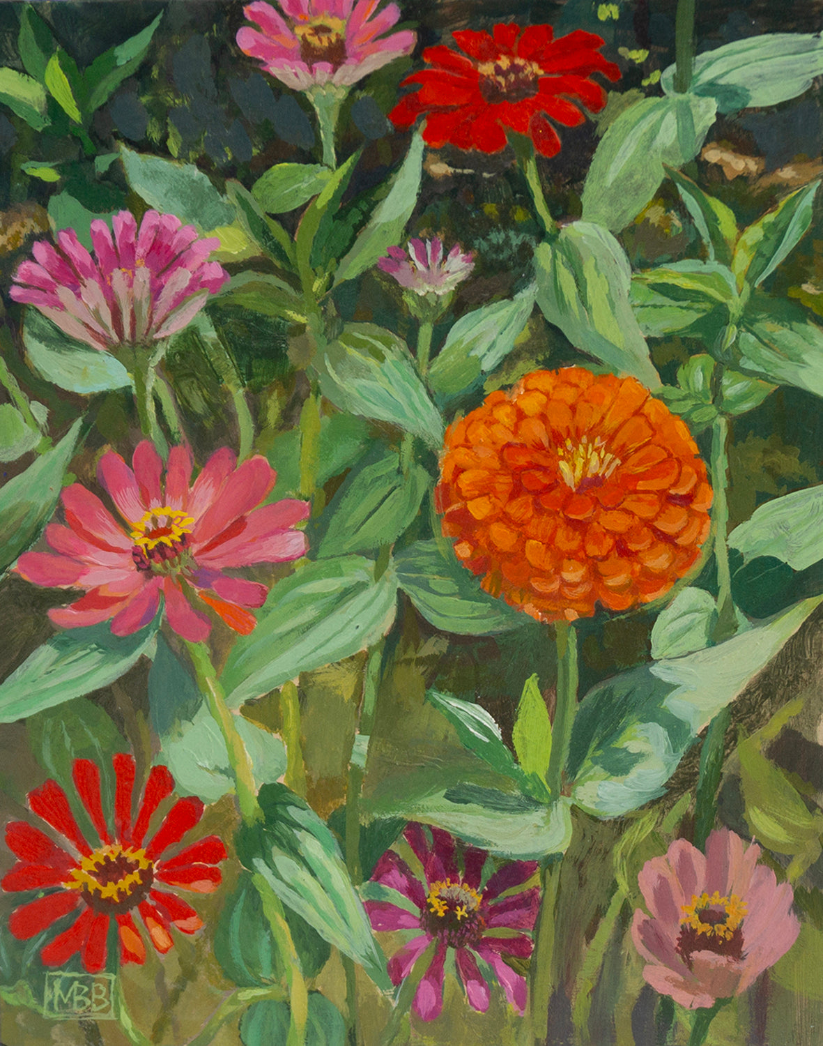 Zinnias on Dark Background by Mary Beatty-Brooks - mixed media artwork ...