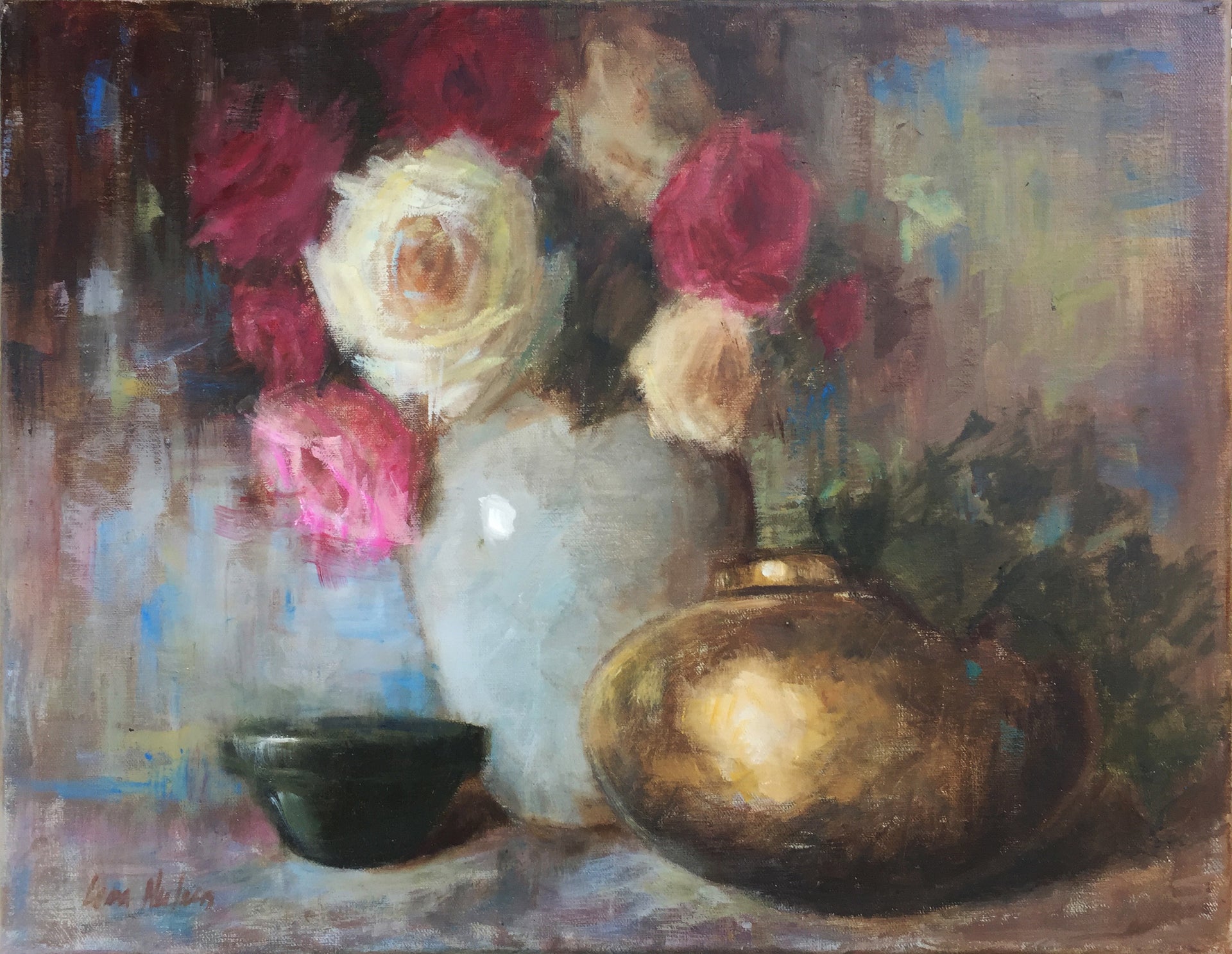 Brass Pot and Roses by Lisa Nielsen - oil painting | UGallery
