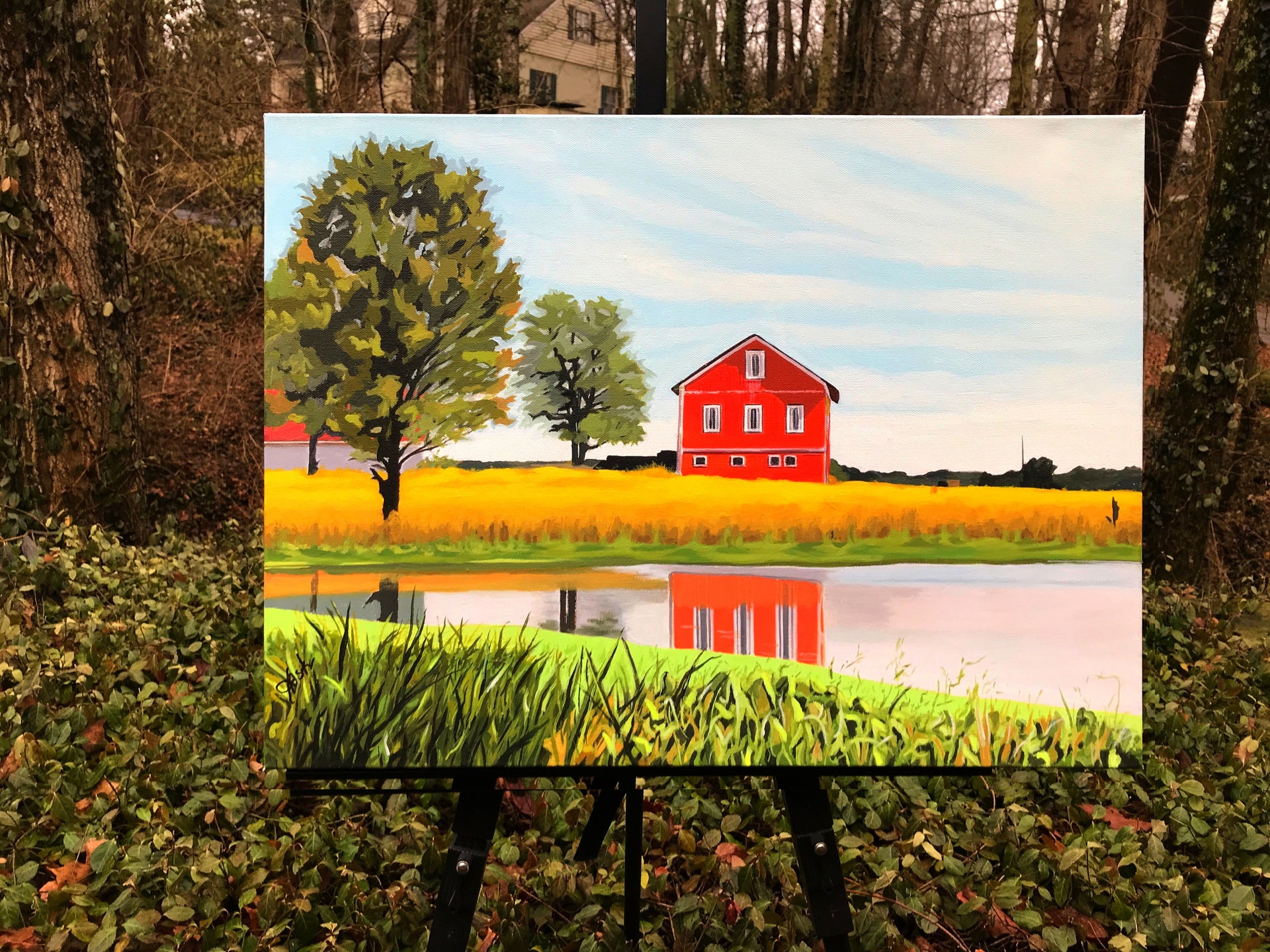 Red Barn Reflections by John Jaster - acrylic painting | UGallery