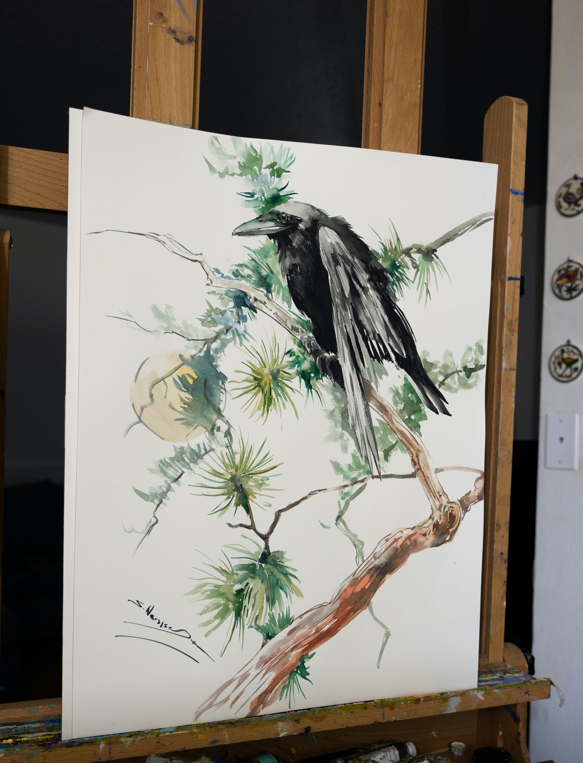 Raven, Moon and Pine Tree by Suren Nersisyan - watercolor painting ...