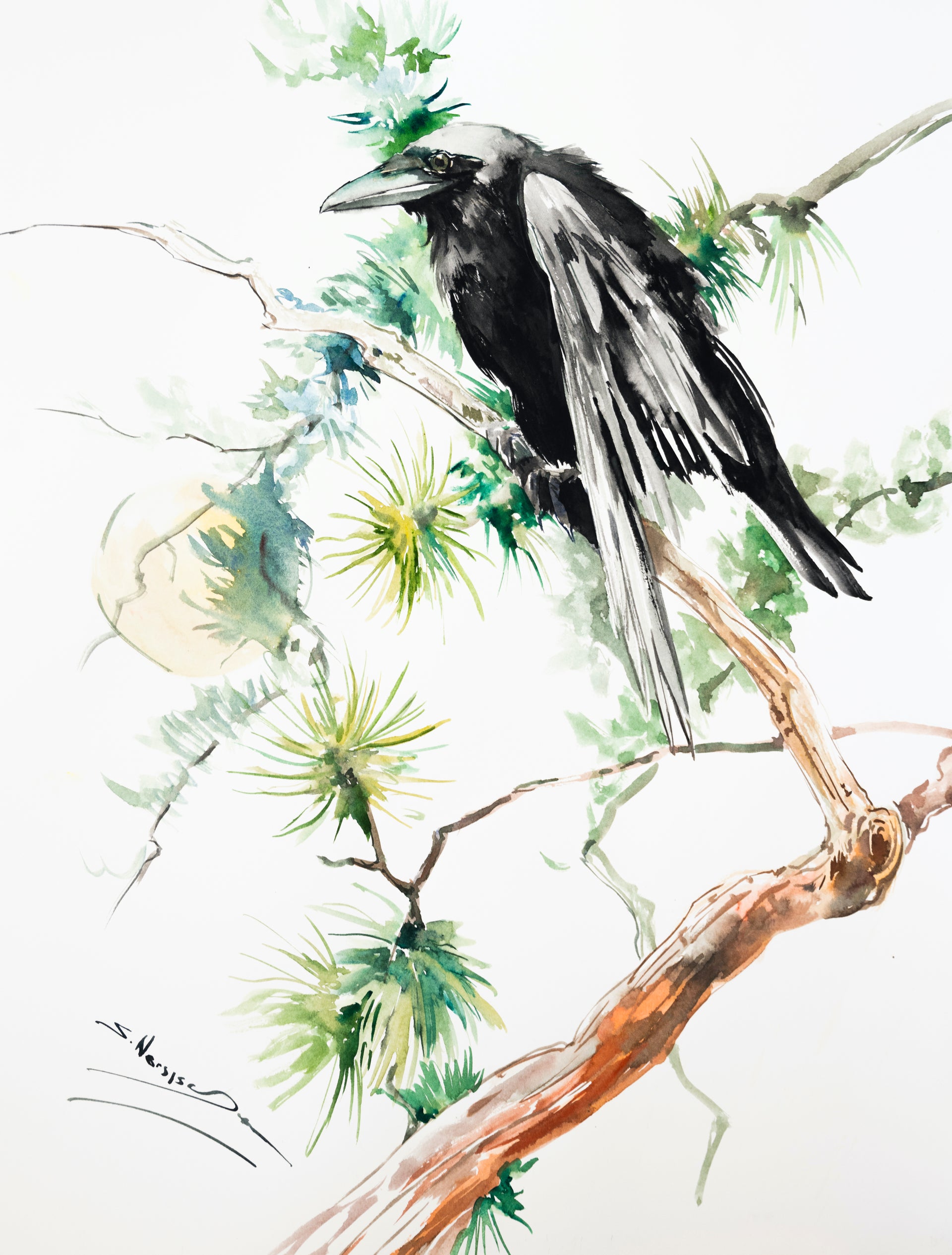 Raven, Moon and Pine Tree by Suren Nersisyan - watercolor painting ...