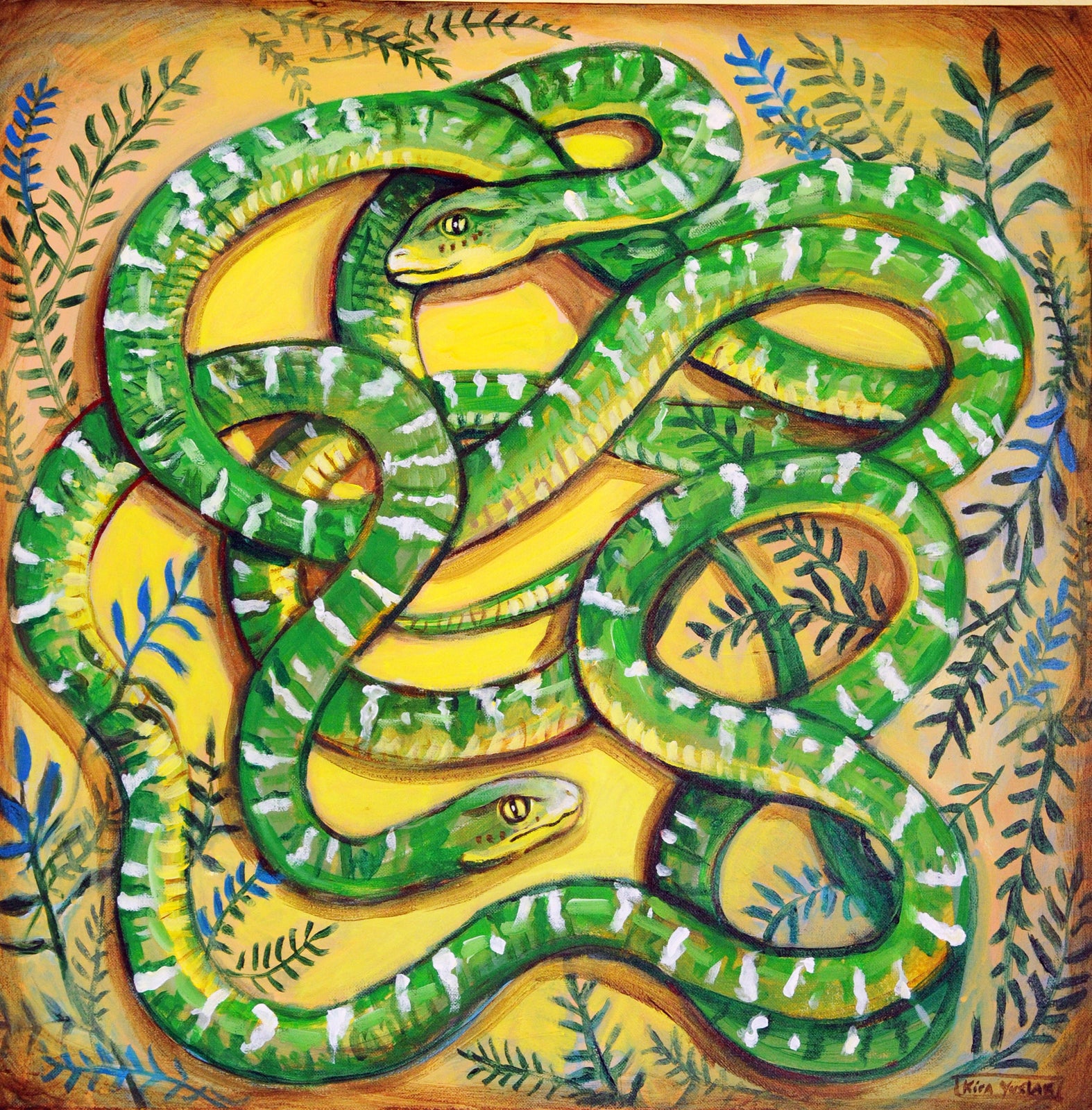 Green Snakes by Kira Yustak - acrylic painting | UGallery